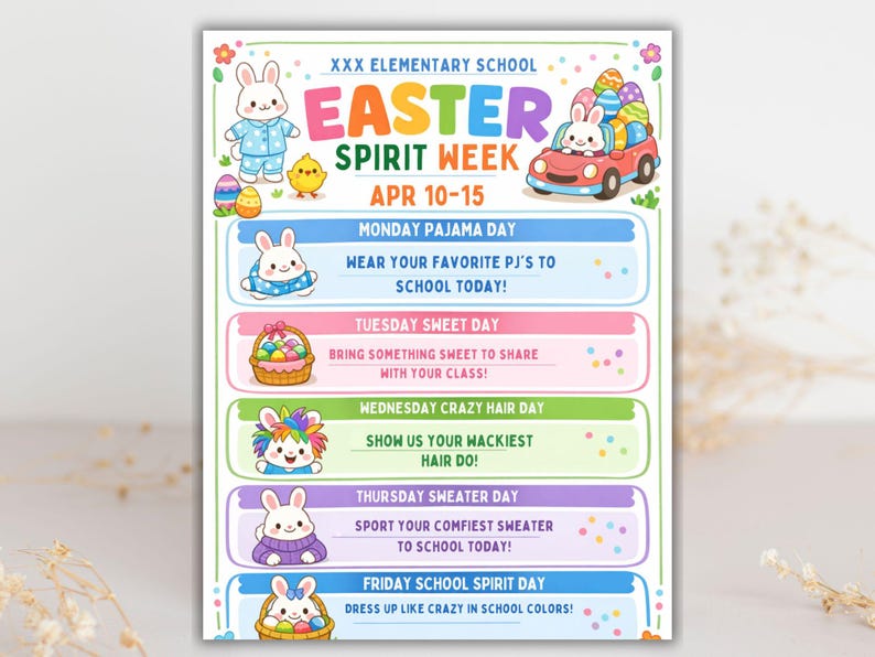 Editable Easter Spirit Week Flyer | School Dress up Days Schedule ...