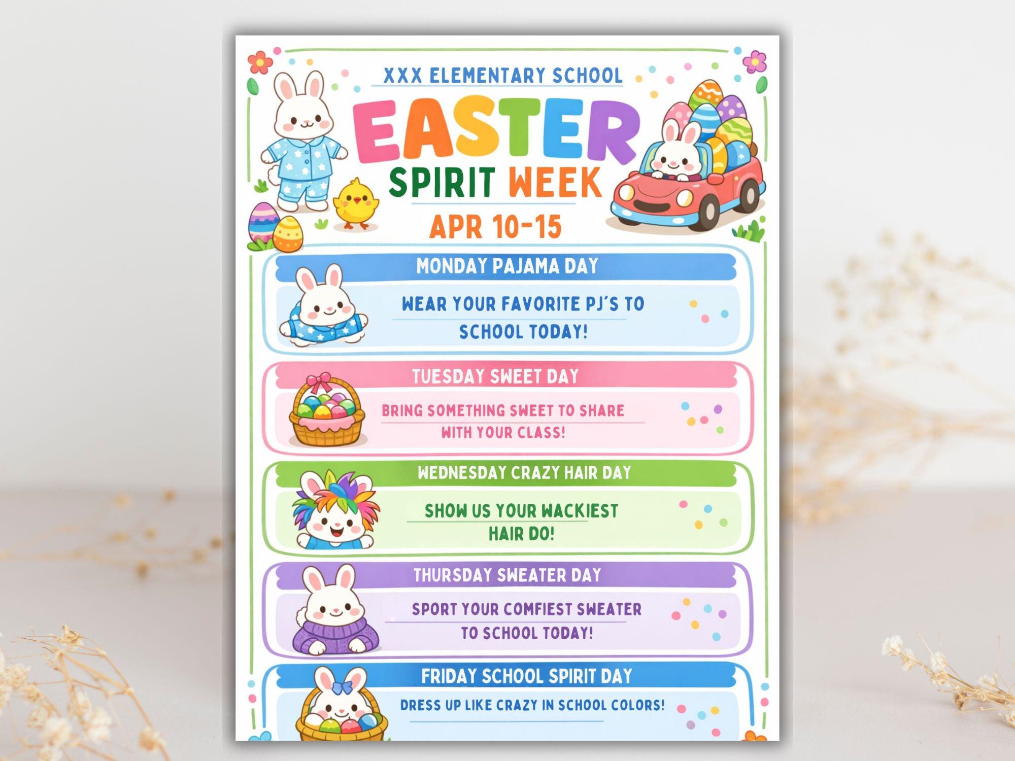 Editable Easter Spirit Week Flyer | School Dress up Days Schedule ...