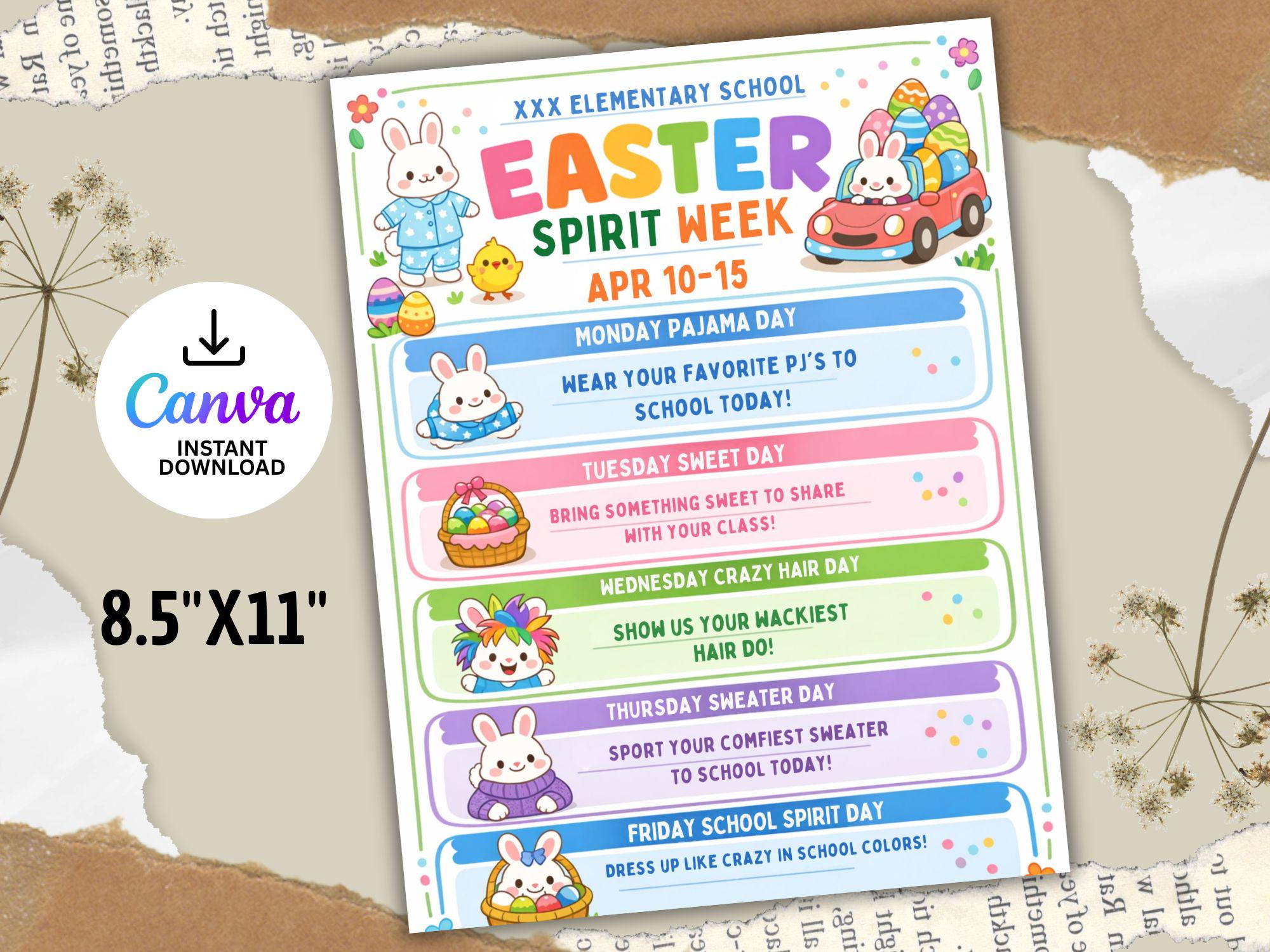Editable Easter Spirit Week Flyer | School Dress up Days Schedule ...