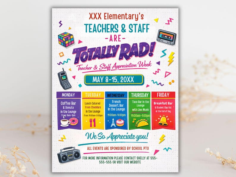 Editable 90s Theme Teacher Appreciation Flyer: Retro Itinerary Template ...