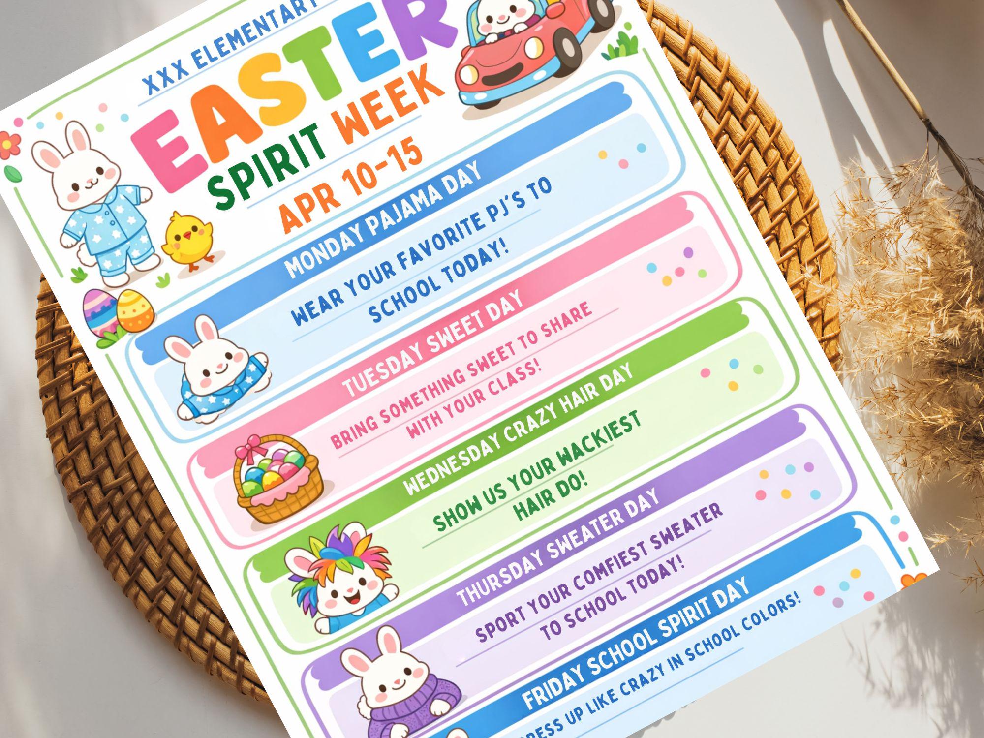 Editable Easter Spirit Week Flyer | School Dress up Days Schedule ...