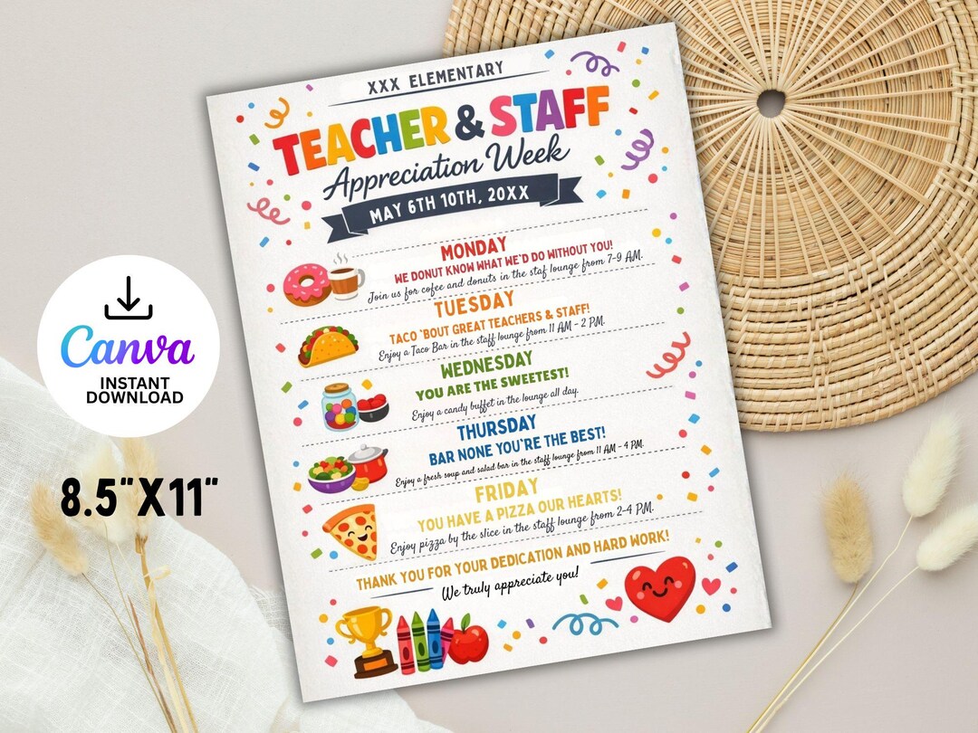 Editable Teacher & Staff Appreciation Week Itinerary Flyer (canva ...