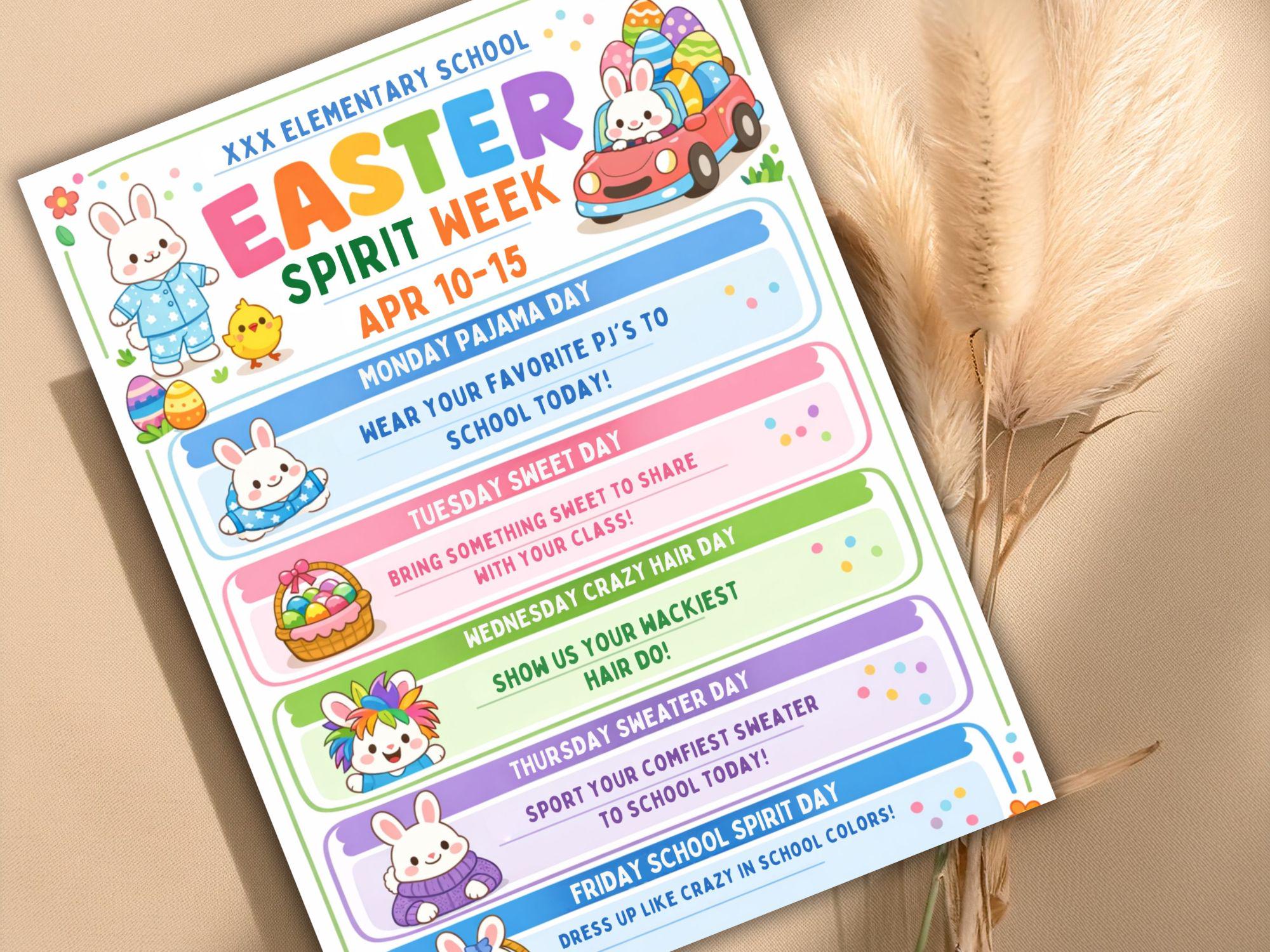 Editable Easter Spirit Week Flyer | School Dress up Days Schedule ...