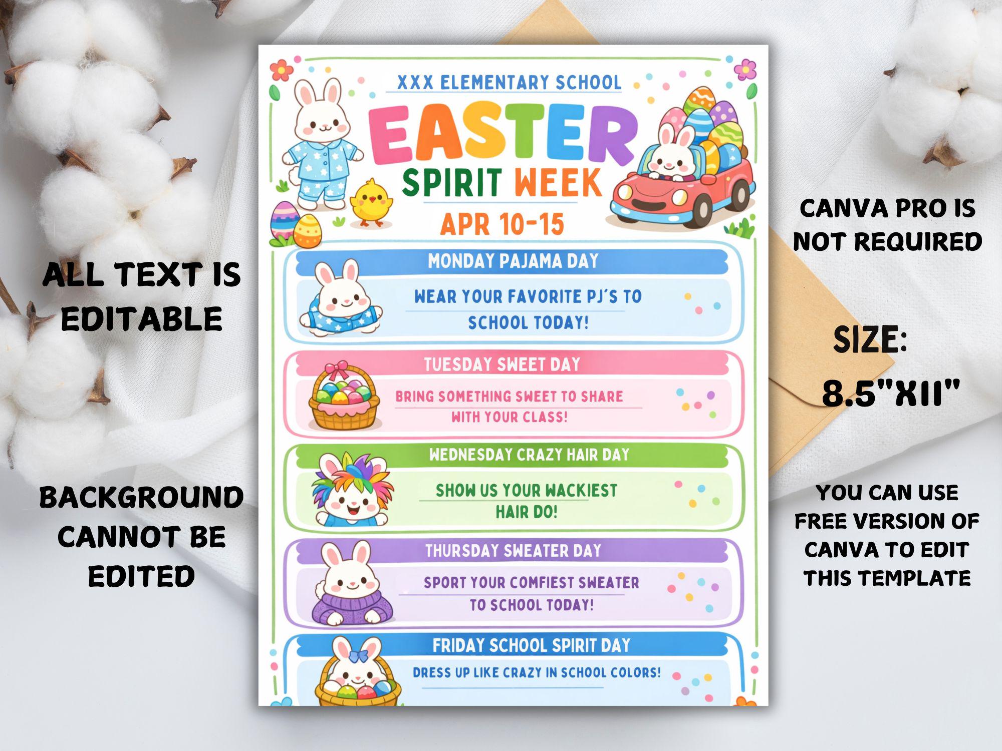 Editable Easter Spirit Week Flyer | School Dress up Days Schedule ...