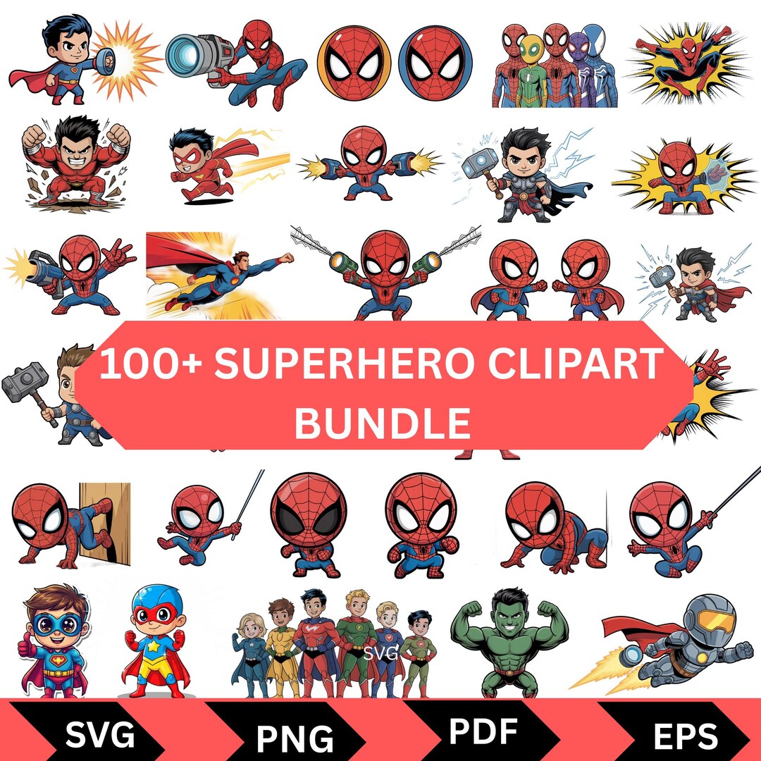 Superhero Kids Clipart Bundle, Web Hero SVG, Comic Birthday Design ...