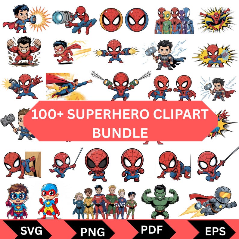 Superhero Kids Clipart Bundle, Web Hero SVG, Comic Birthday Design ...