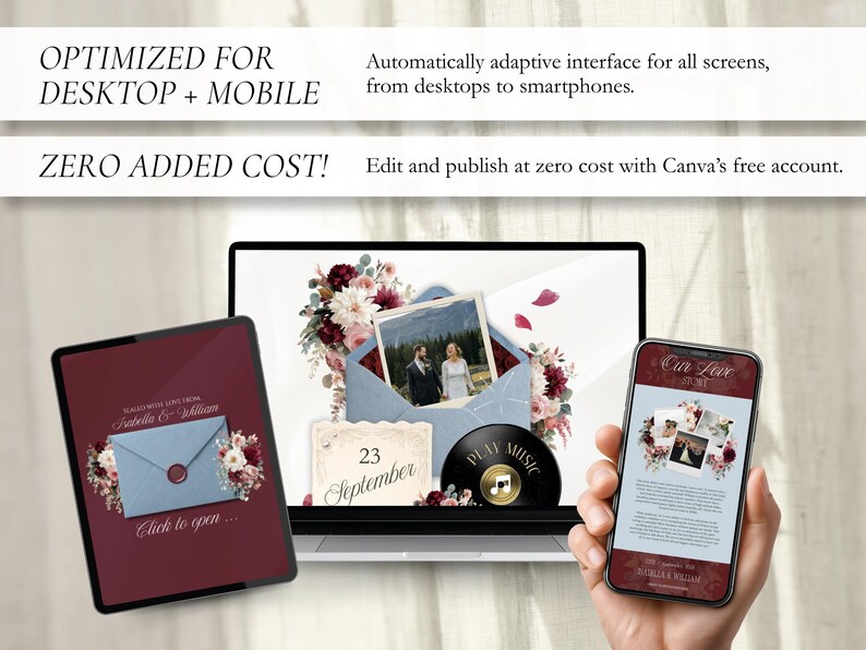 Dusty Blue and Burgundy Wedding Website Template, Romantic Canva ...