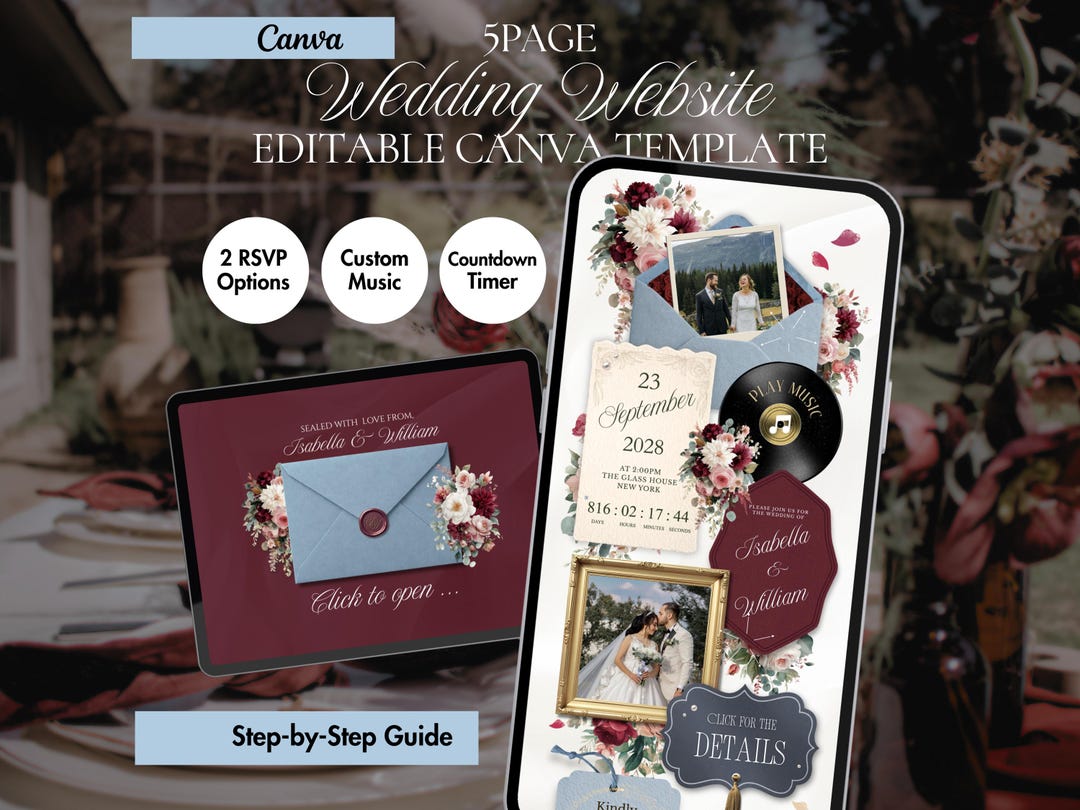 Dusty Blue and Burgundy Wedding Website Template, Romantic Canva ...