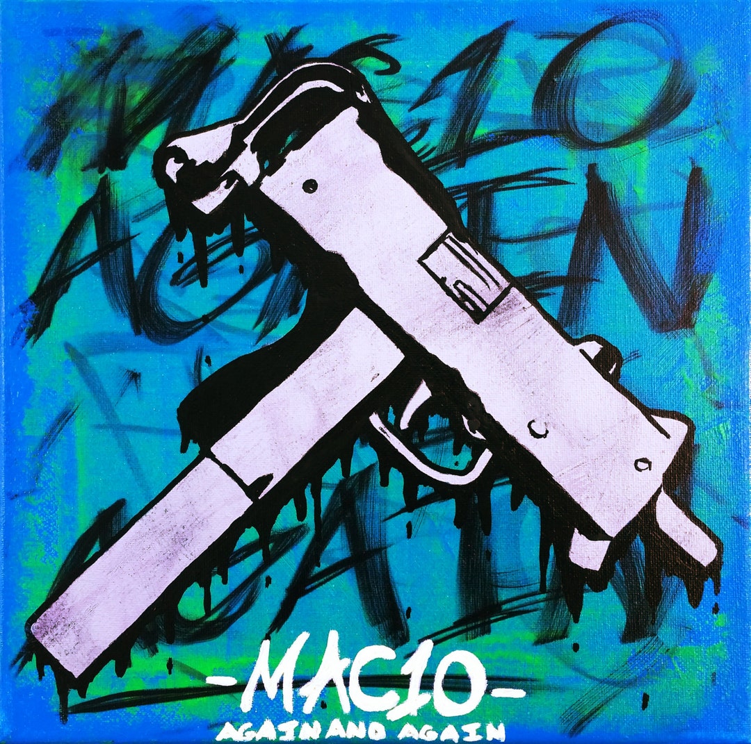 Mac10 Original Stencil Art Painting of Gun on 12x12 Inch Stretched ...