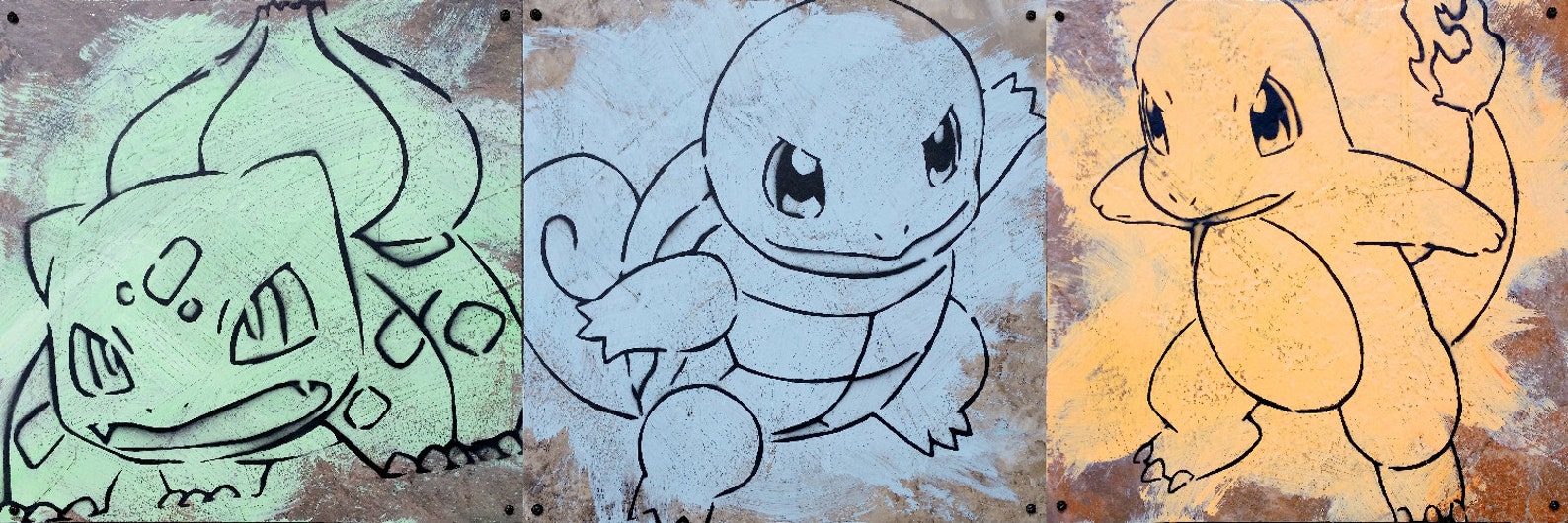 Poke'mon Stencil Art - Bulbasaur, Squirtle, Charmander on 12x12 Inch ...