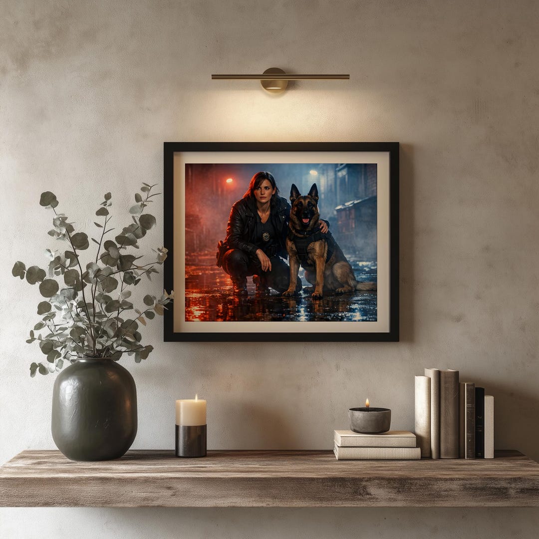 Moody Urban K-9 Handler Scene - Dramatic Law Enforcement Art, Realistic ...