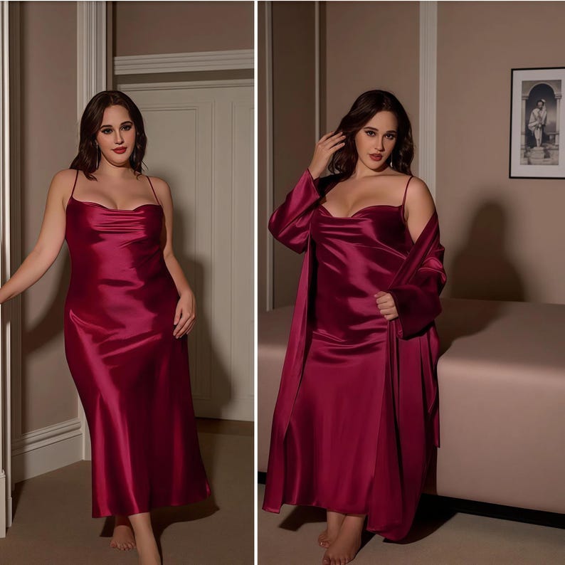 Plus Size Satin Robe & Nightgown Set, 2-piece Long Bridal Sleepwear ...