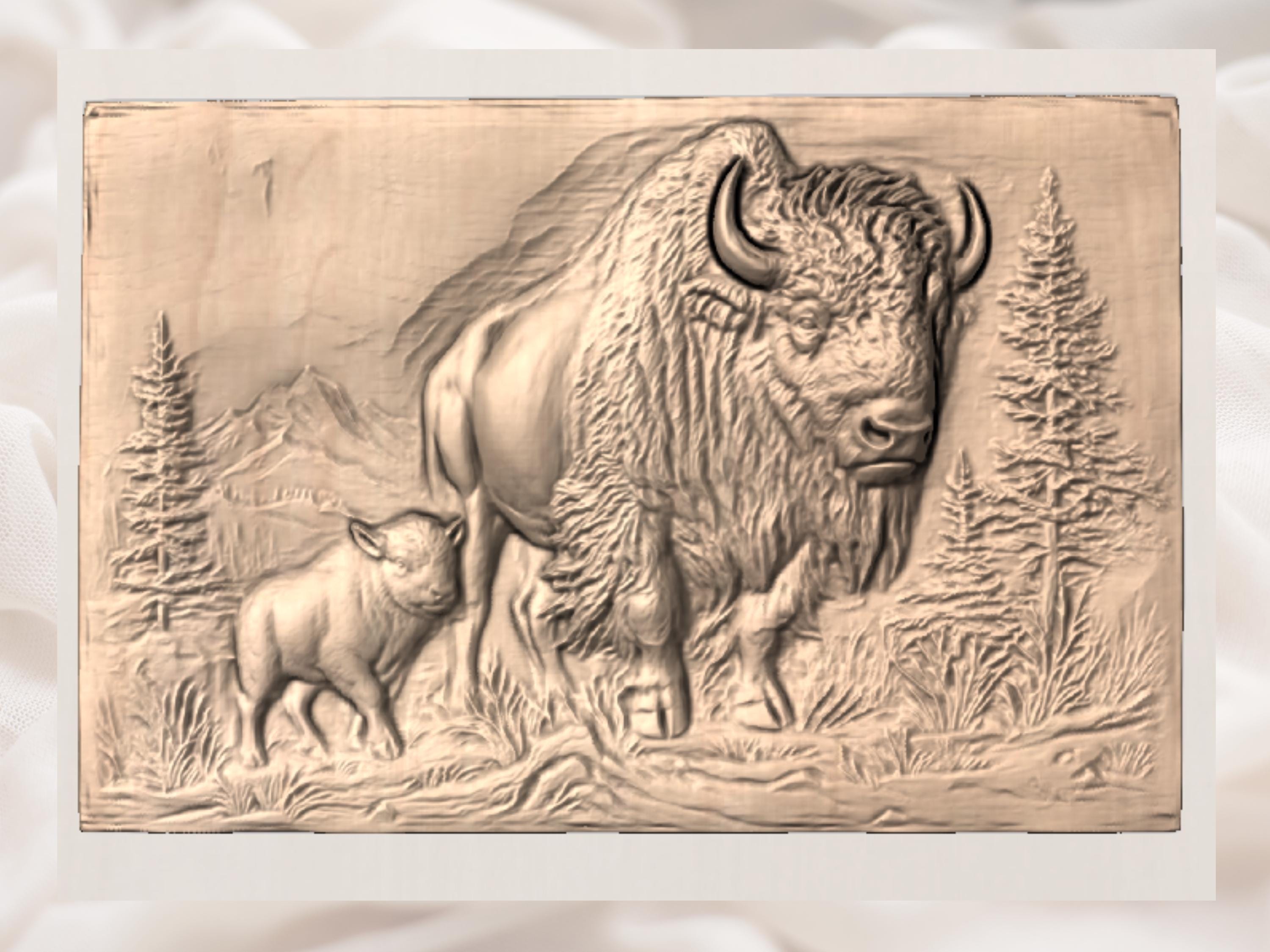 Bison Buffalo 3D STL CNC Relief Panel | Buffalo & Calf Wood Carving ...