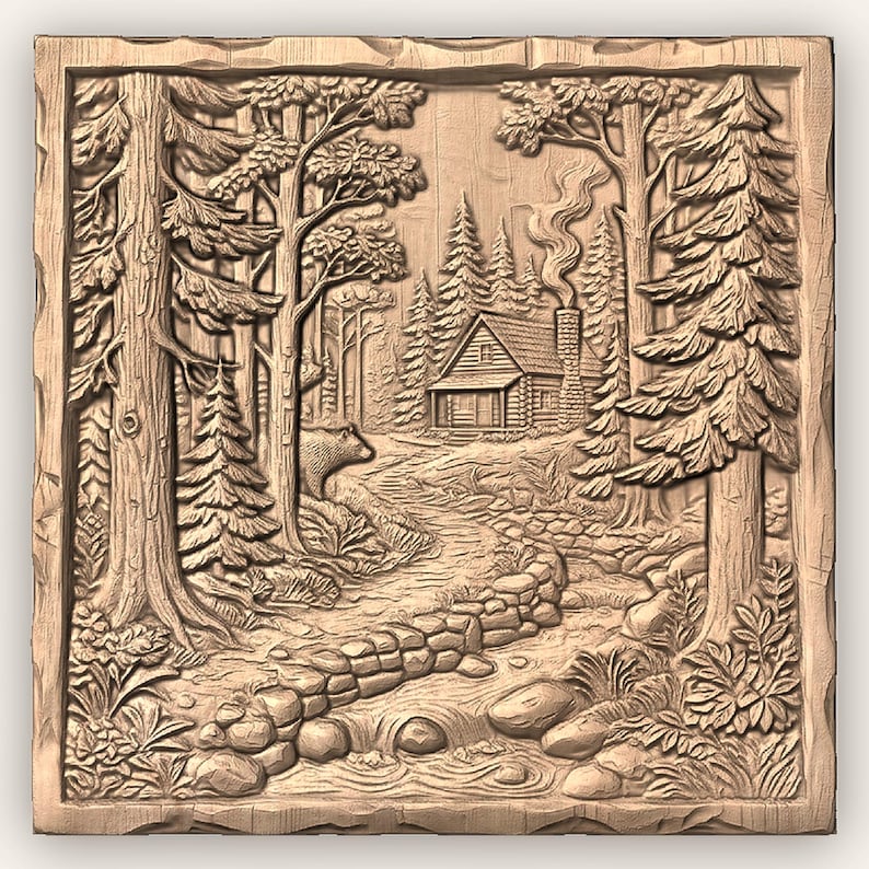 Rustic Forest Cabin 3D Relief STL File | CNC Router File | Mountain ...