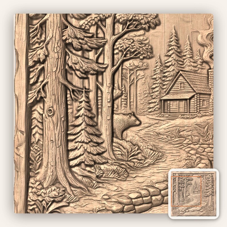 Rustic Forest Cabin 3D Relief STL File | CNC Router File | Mountain ...