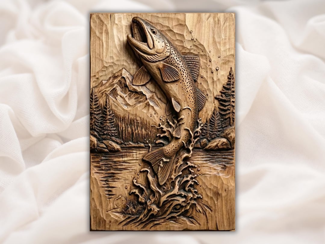 Jumping Trout Fish 3D Relief STL | Fishing Lake Mountain Wall Art Panel ...