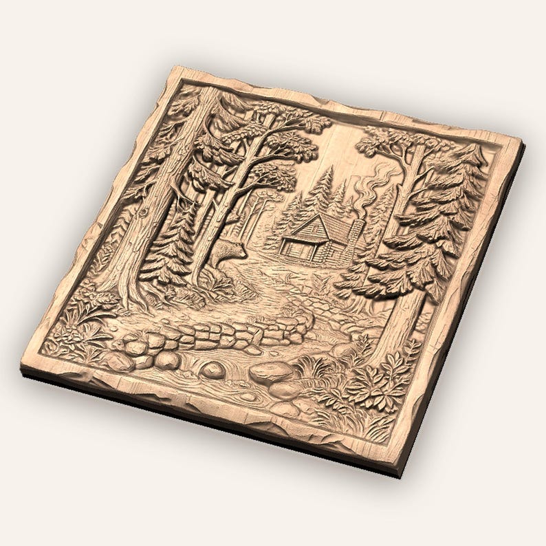 Rustic Forest Cabin 3D Relief STL File | CNC Router File | Mountain ...