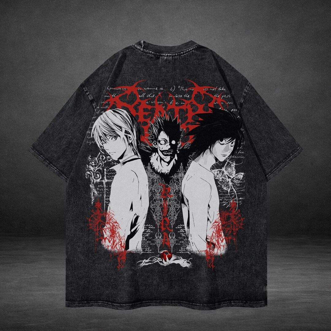 Death Note Acid-wash Tee: Light, Ryuk and L Design, Heavyweight Cotton ...