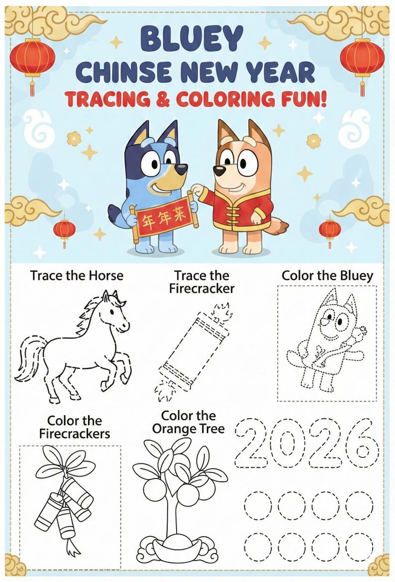 Bluey Chinese New Year Tracing & Coloring Pages (printable Activity) - Etsy