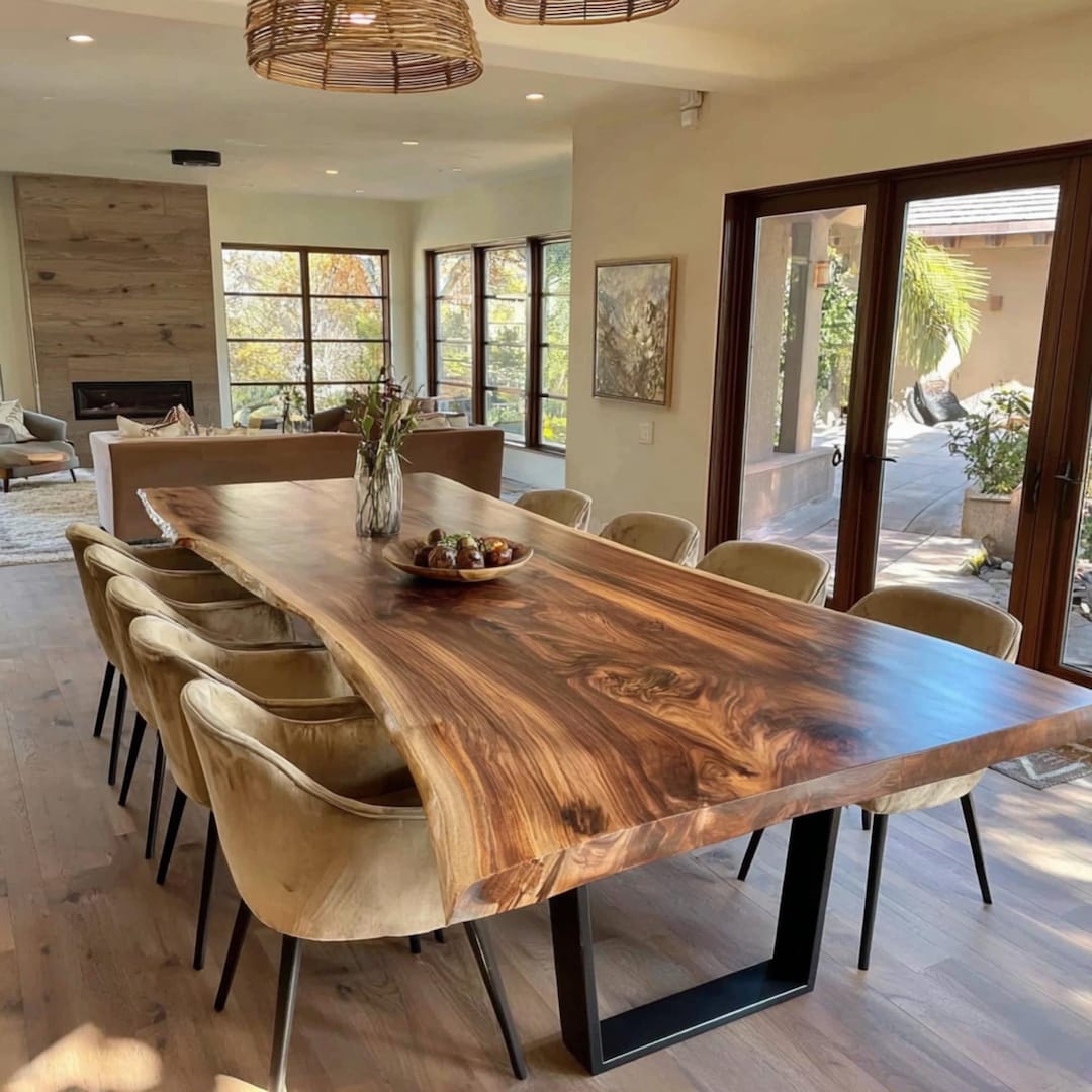 Solid Wood Rustic Wooden Dining Table, Handmade Live Edge Walnut Table ...