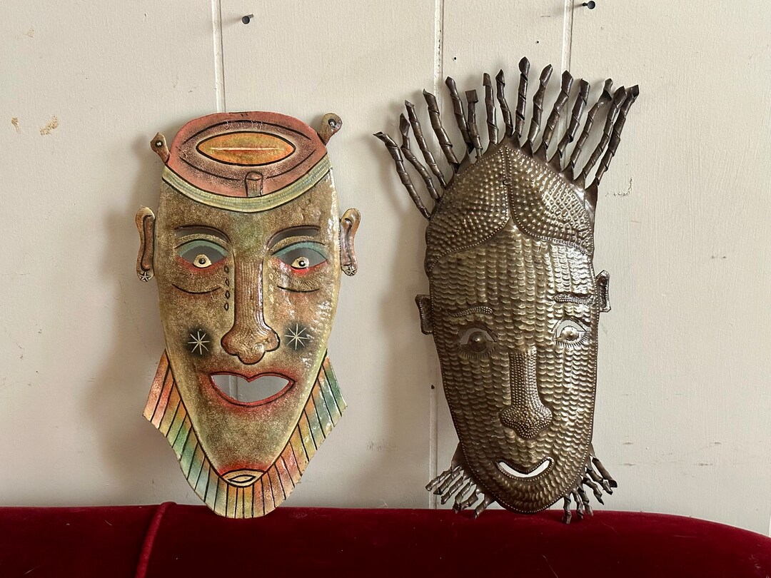Vintage Folk Art Metal Masks, Haitian Masks, Carribean Mask, Recycled ...