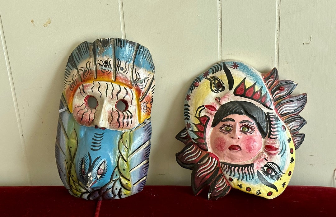 Vintage Mexican Mask, Guerrero Mask, Carved Mask, Sun, Moon Bird, Wall ...