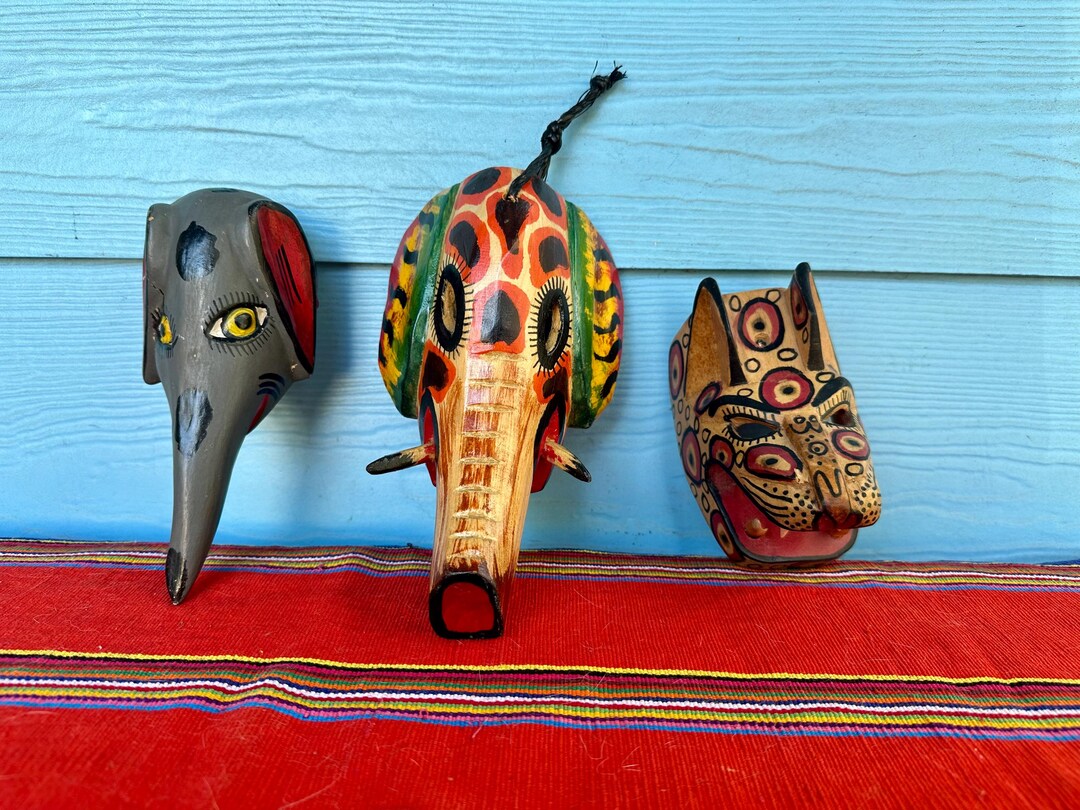 Vintage Mexican Masks, Elephant, Cougar, Tiger, Carved Mask, Folk Art ...