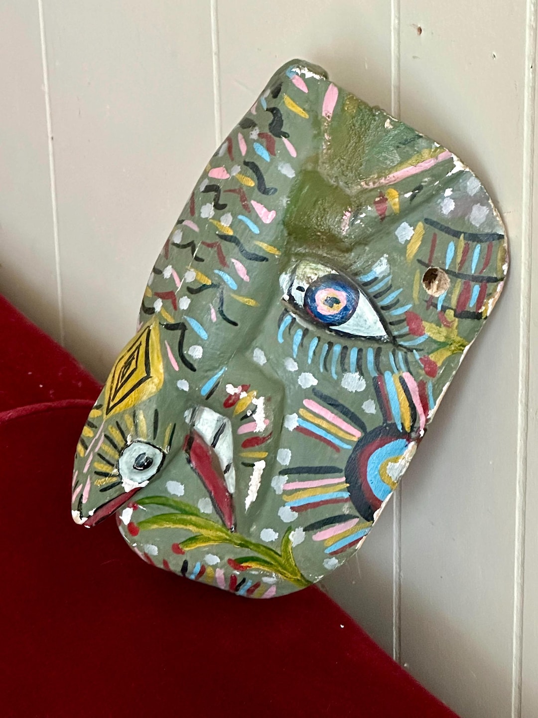 Vintage Green Carved Mexican Mask, Folk Art Mask, Carved Mask, Guerrero ...