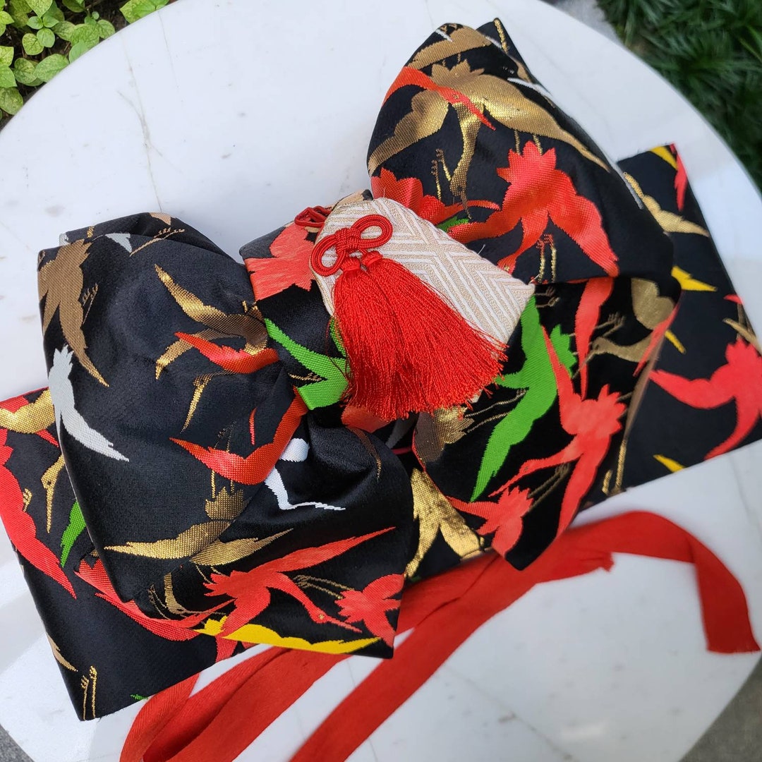 Premium Kimono Obi Sash, Black Gold Silk Brocade Obi Belt, Traditional ...