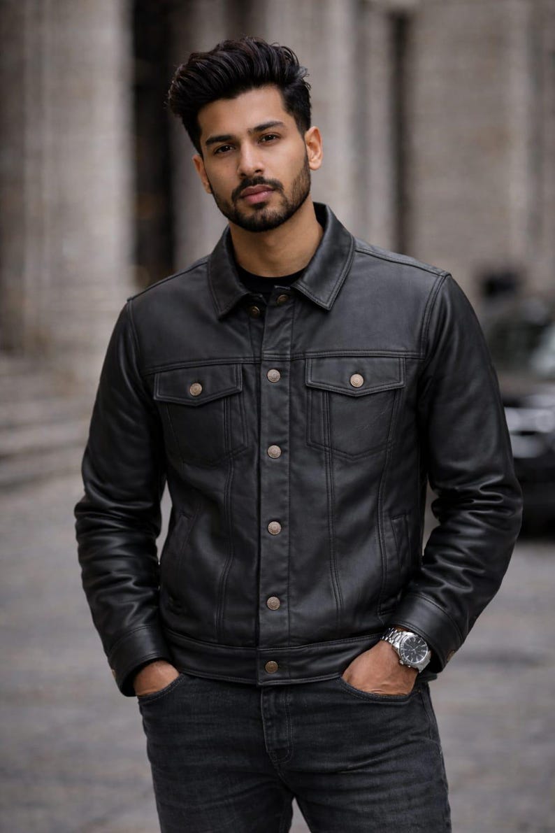 Men's Black Sheepskin Cafe Racer Jacket | Jean Style Motorcycle Trucker ...