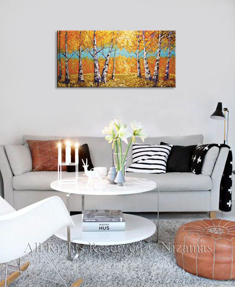 Art on canvas vibrant colors of aspen trees row and blue sky | Etsy