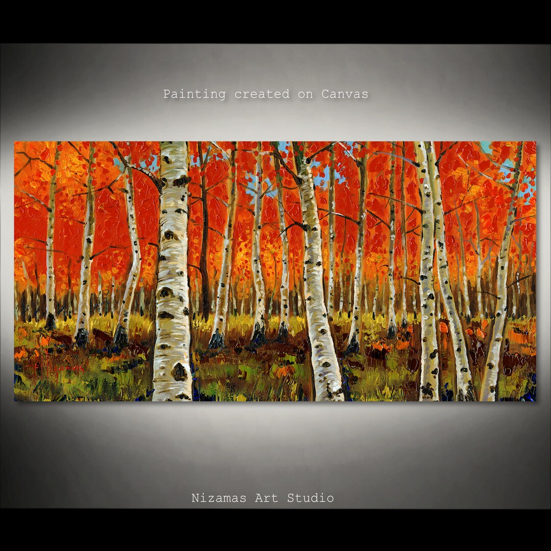 60 X 30 Painting on Canvas, Red Birch Trees, Palette Knife Technique ...