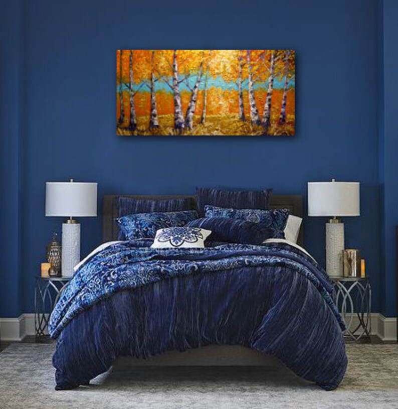 Art on canvas vibrant colors of aspen trees row and blue sky | Etsy