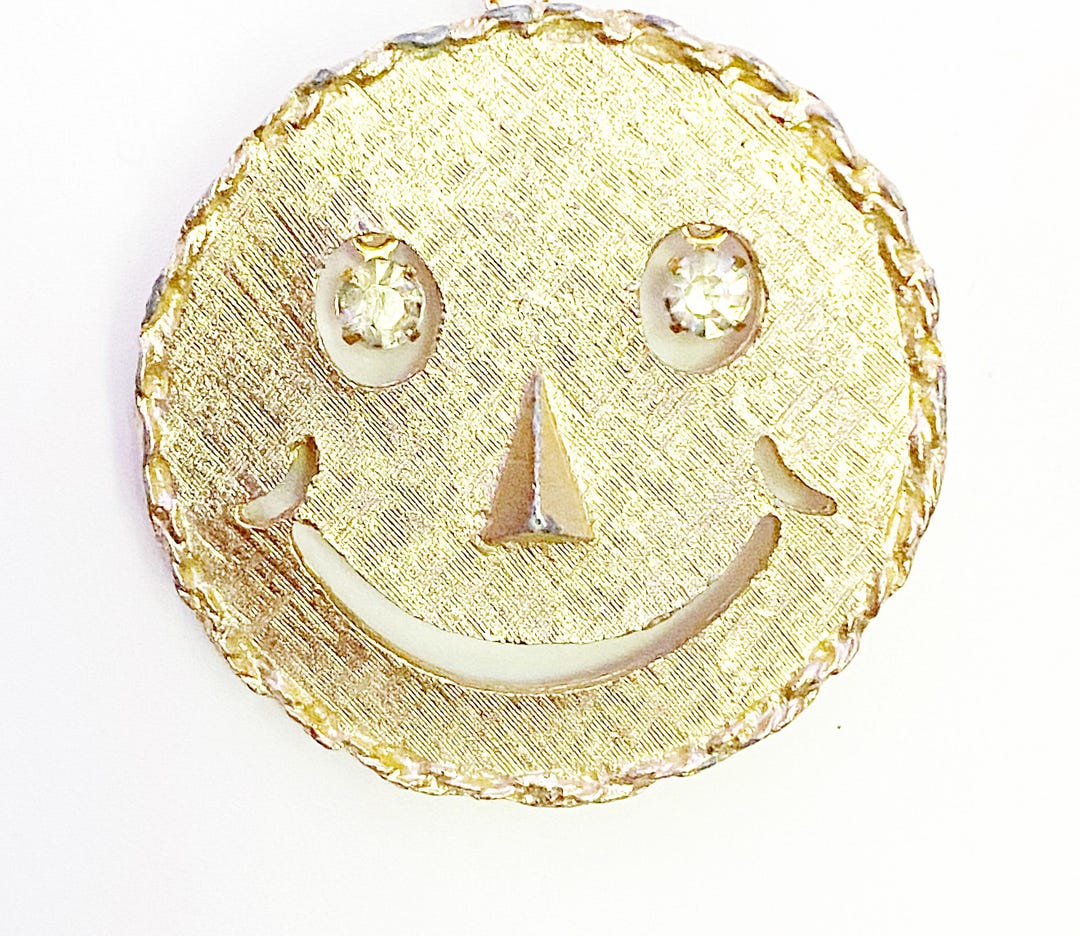 Vintage Gold Smiley Face Brooch: Rhinestone Eyes, 70s Happy Pin - Etsy
