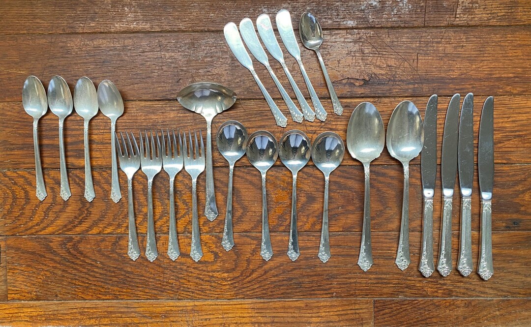 24 Piece Beautiful Sterling Silver Damask Rose Silverware Set Vintage ...