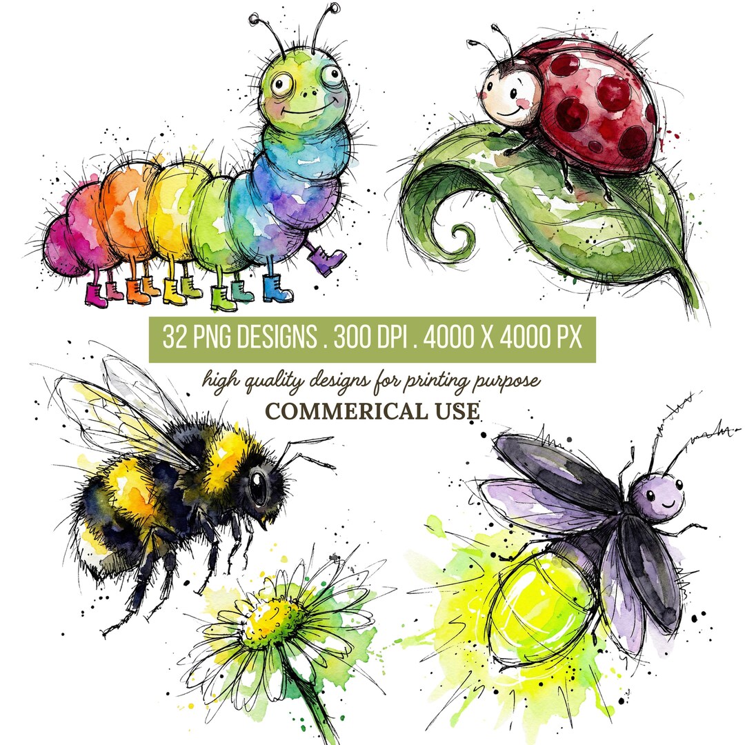 Watercolor Bug Clipart Bundle PNG, Spring Insect Sublimation, Cute ...