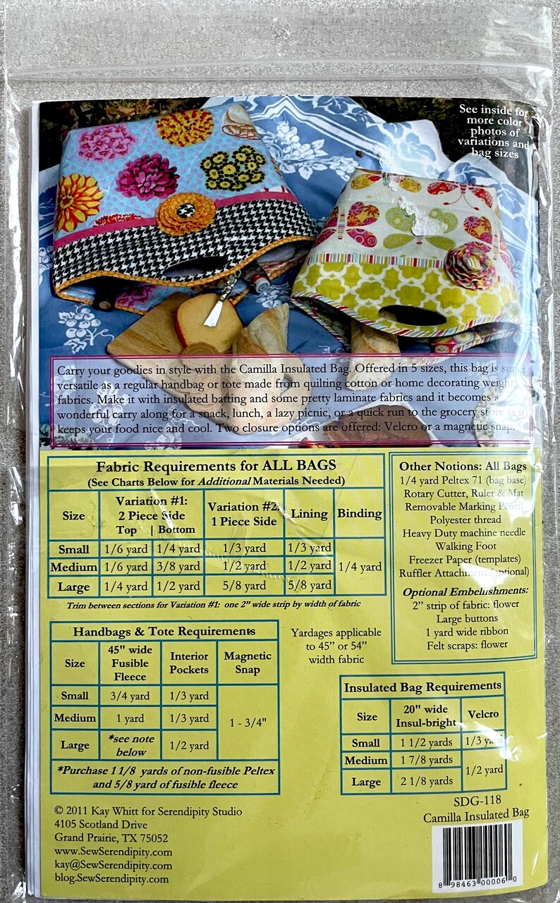 Serendipity Studio Sewing Pattern HANDBAG TOTE Insulated Bag 3 Styles ...