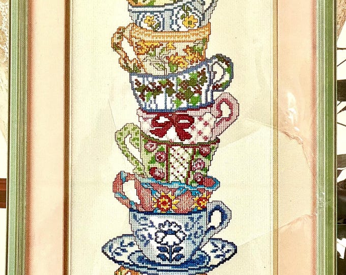 Candamar Designs Vintage Cross Stitch Kit- TEACUP STACK- Whimsical ...