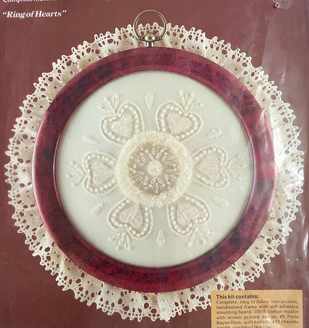 Vintage Candlewick Embroidery Kit: Ring of Hearts, Hand Stained Frame ...