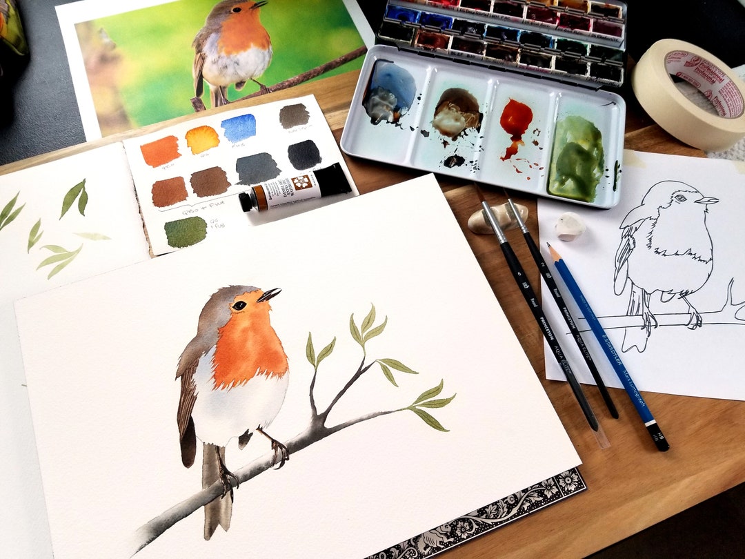 Watercolor Robin Painting Instructions: Traceable Templates (digital ...