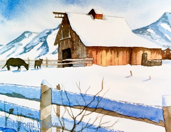 Snowy Winter Barn Watercolor Art Print Watercolor Barn With - Etsy