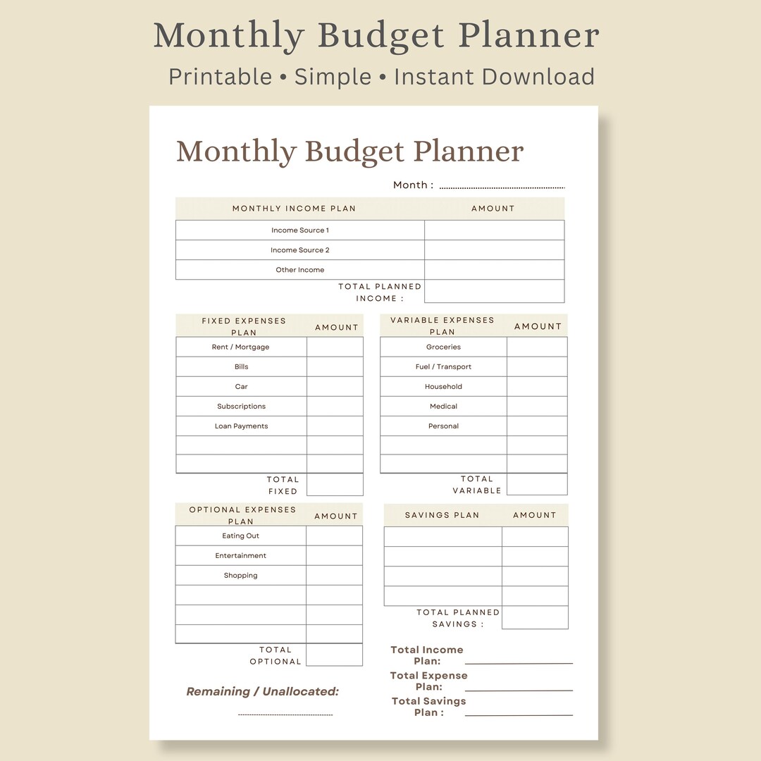 Monthly Budget Planner Printable | Simple Budget Sheet | Monthly ...