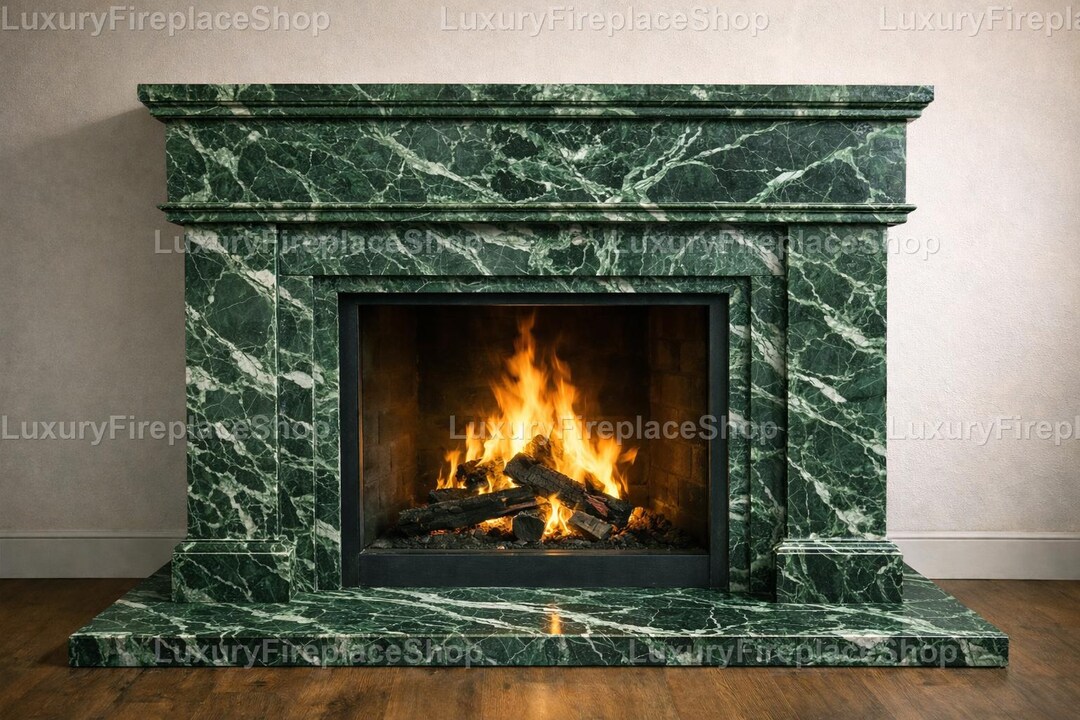 Luxury Green Marble Fireplace Mantel – Hand Carved Verde Alpi Stone ...