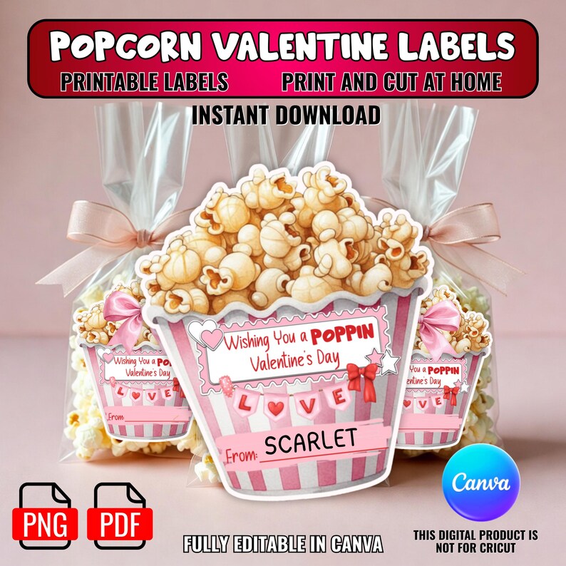 Printable Editable Popcorn Valentine Labels, Valentines Classroom Treat ...