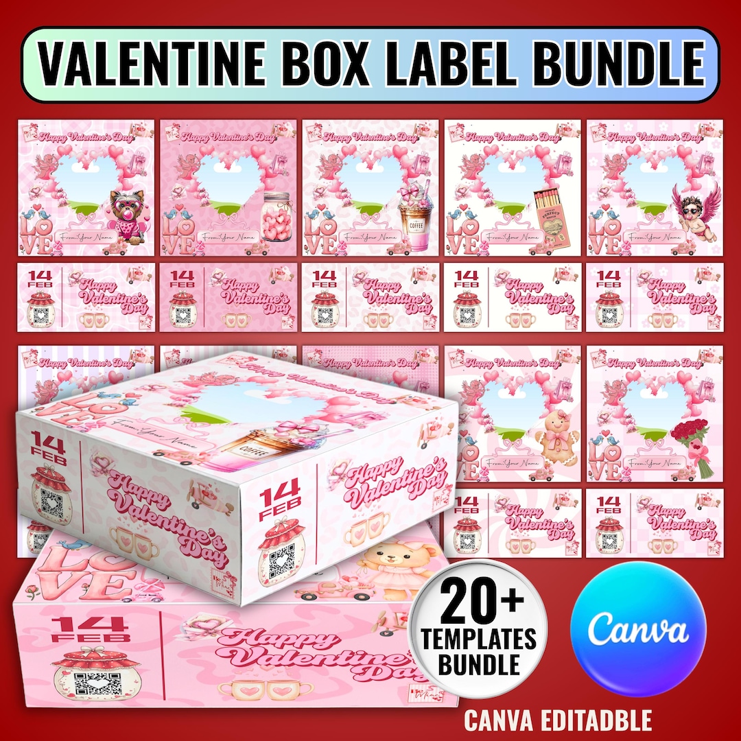 20 Valentine Love Box Template Labels, Valentine's Day Gift Box Canva ...