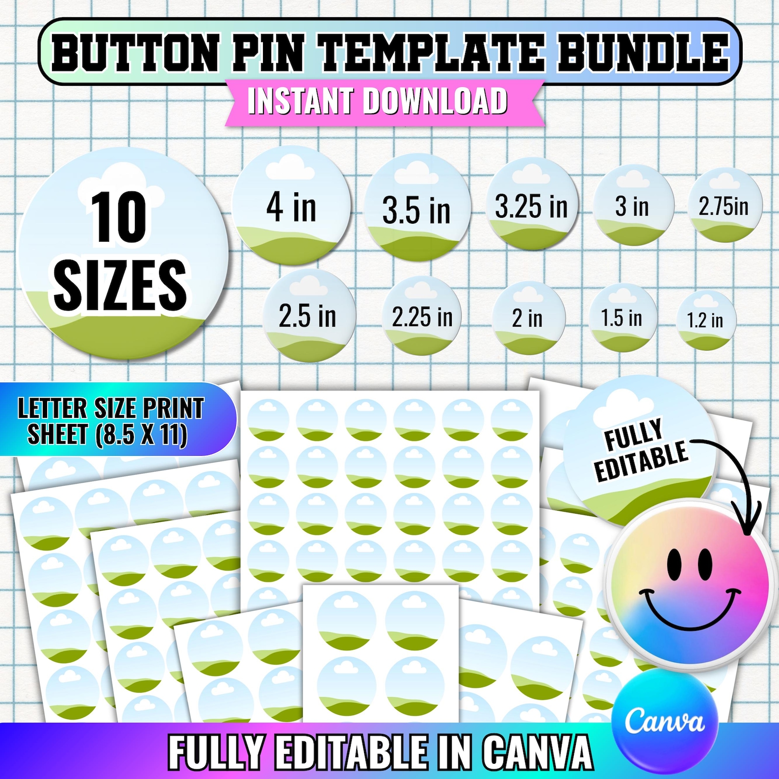 Button Pin Template Bundle Editable Canva Frame Sublimation 2 3.5 1.75 ...