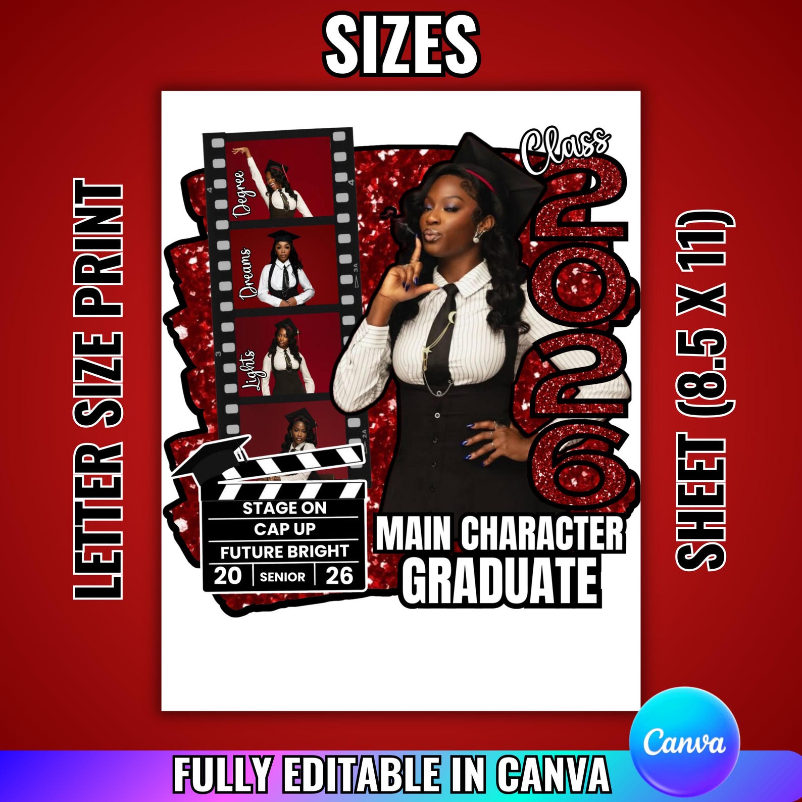 Graduation Fan 2026 Design, Editable Canva Template, Lights, Camera ...