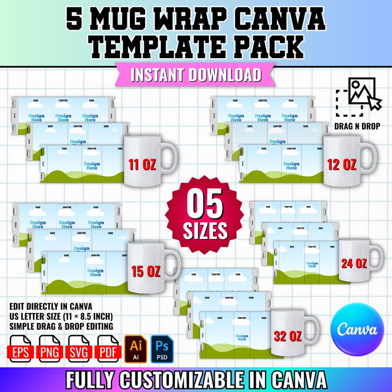 5x Mug Wrap Template Bundle, 11oz 12oz 15oz 24oz 31oz Mug Wrap SVG ...