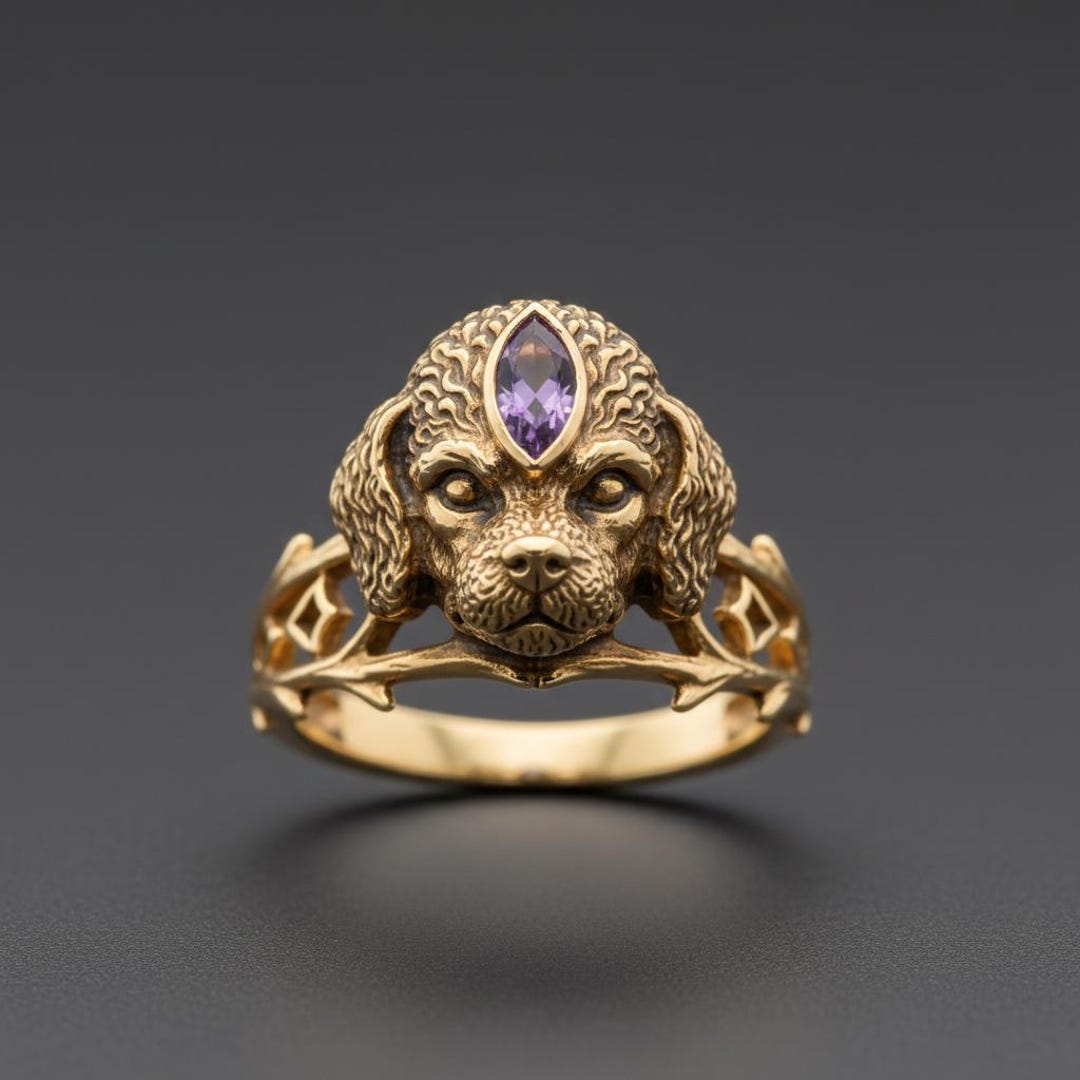 Gothic Poodle Head Ring Gold Plated Sterling Silver Purple Stone Dog ...