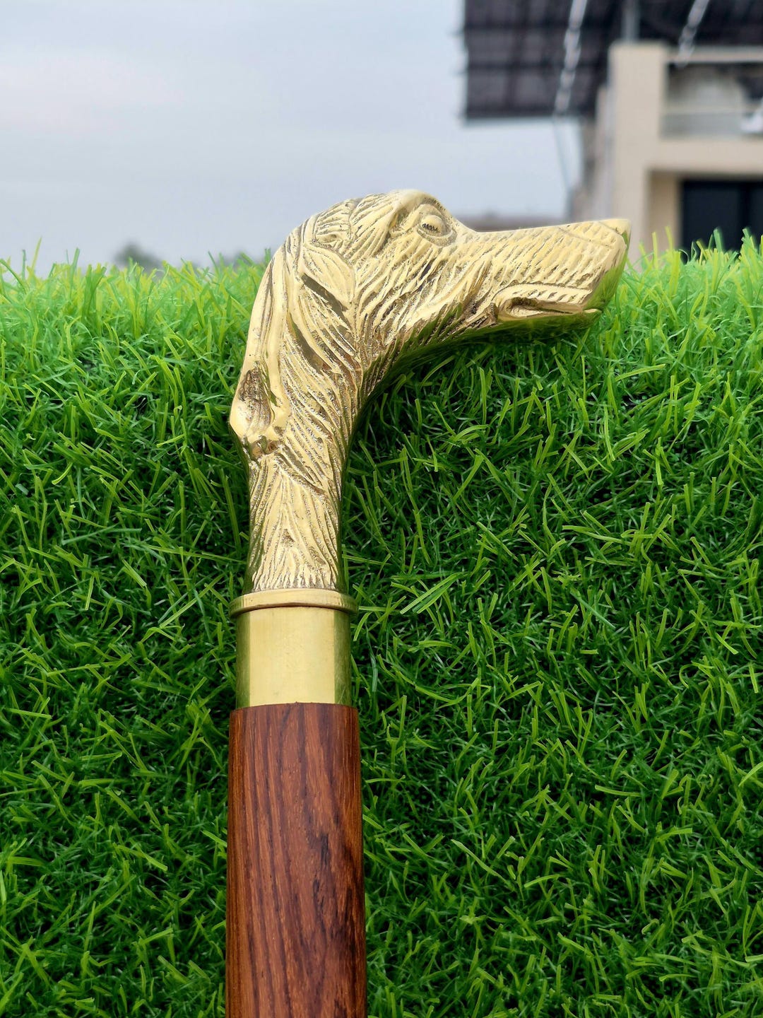 Dog Head Handle Walking Stick 36 Inch Polished Brass Finish Wooden Cane ...